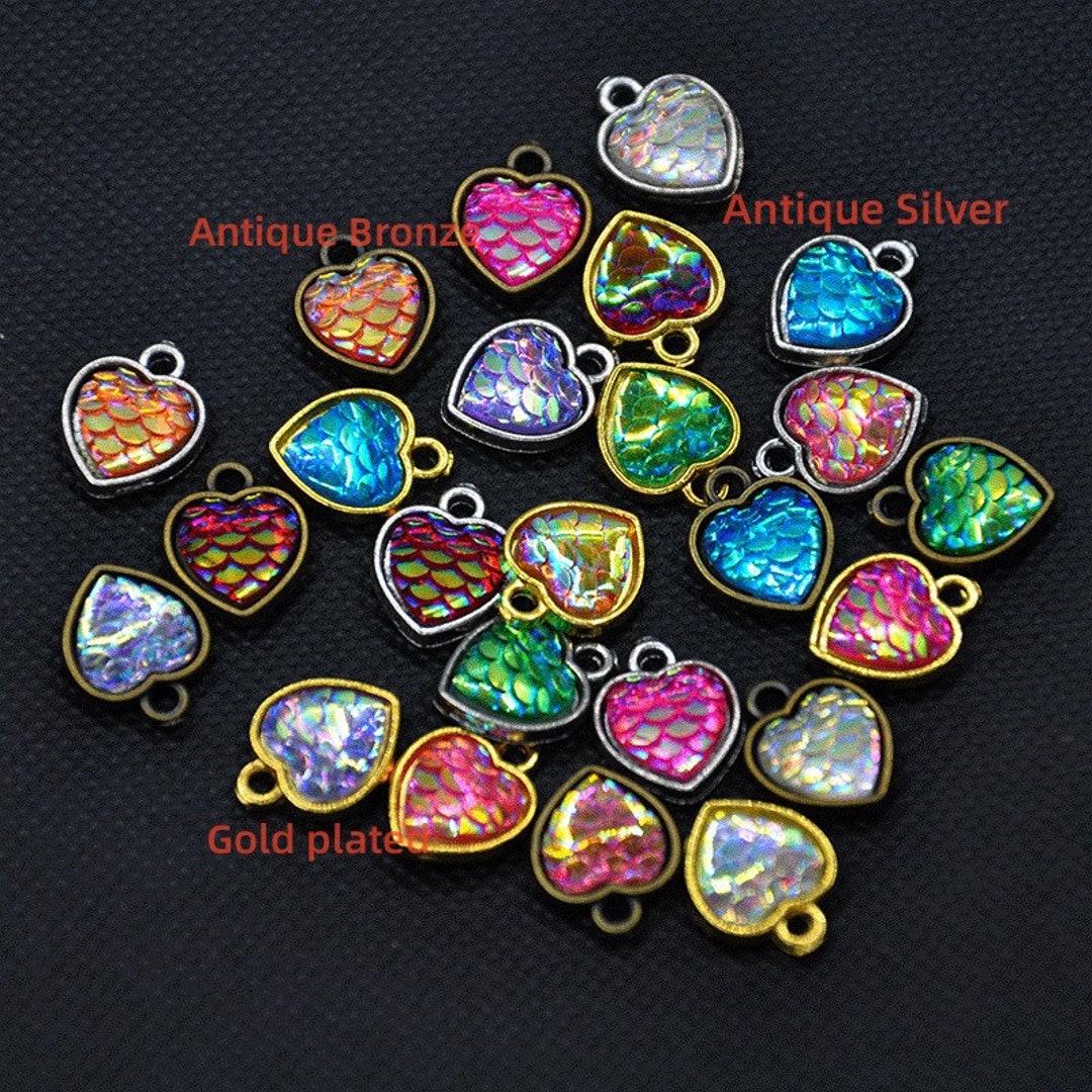 10pcs Mermaid Fish Scale or Dragon Scale Heart Charm，ab Heart Fish ...