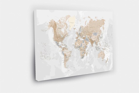 Light Brown World Map Wall Art World Map Canvas Push Pin | Etsy