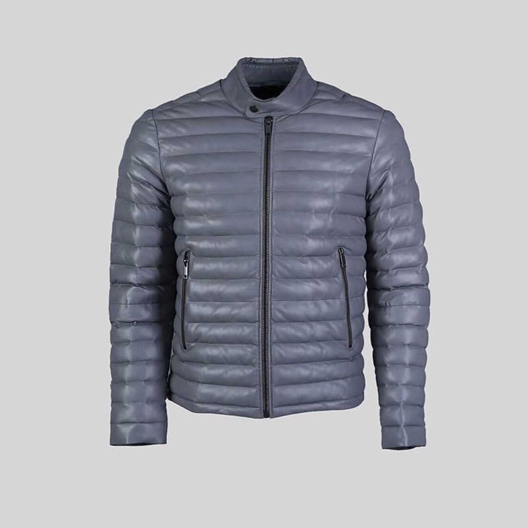 Men Leather Puffer Jacket Grey Men Leather Jacket Quilted - Etsy