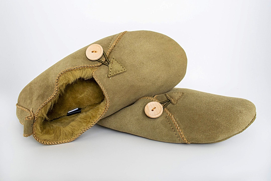 Women's Genuine Sheepskin Slippers Olive 100% Real Fur Hand Crafted ...