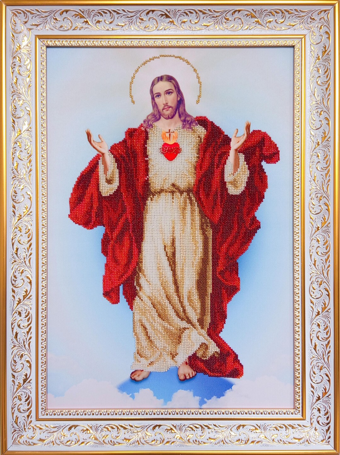 Divine Mercy Jesus Icon – Handmade Beaded Embroidery, Catholic Wall Art ...