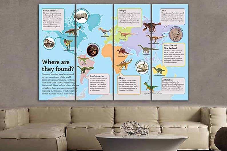 Dinosaur Map Kids Map Canvas Dinosaur Wall Art T-rex World Map - Etsy