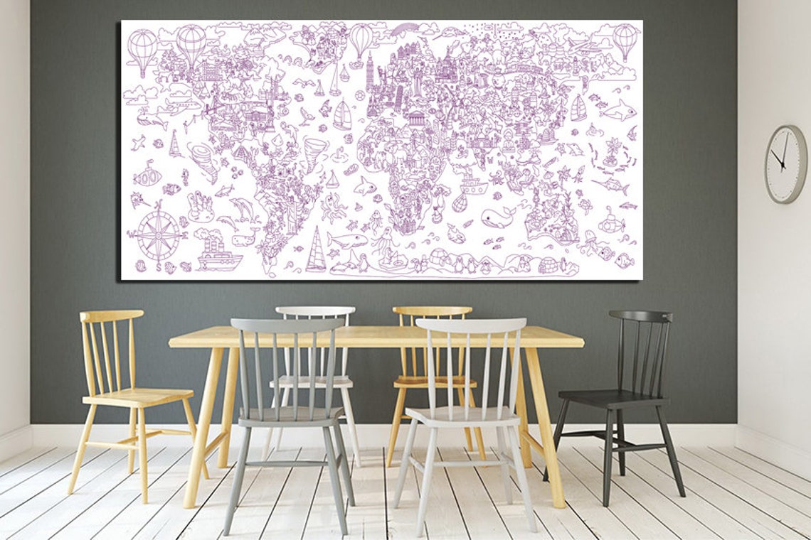 World Map Canvas Kids Map Wall Art Animal World Map Kids Room | Etsy