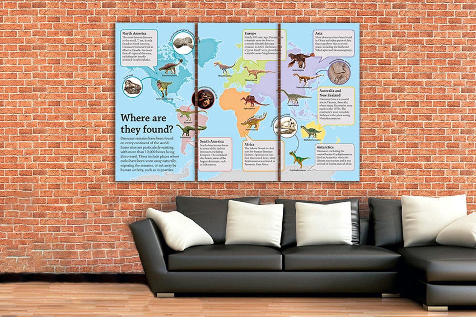 Dinosaur Map Kids Map Canvas Dinosaur Wall Art T-rex World Map - Etsy