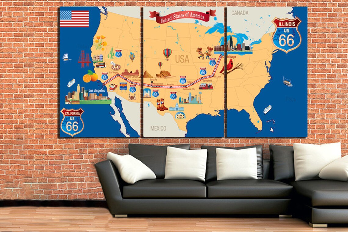 Route 66 Map Route 66 Wall Map Canvas Print Map Wall Art - Etsy