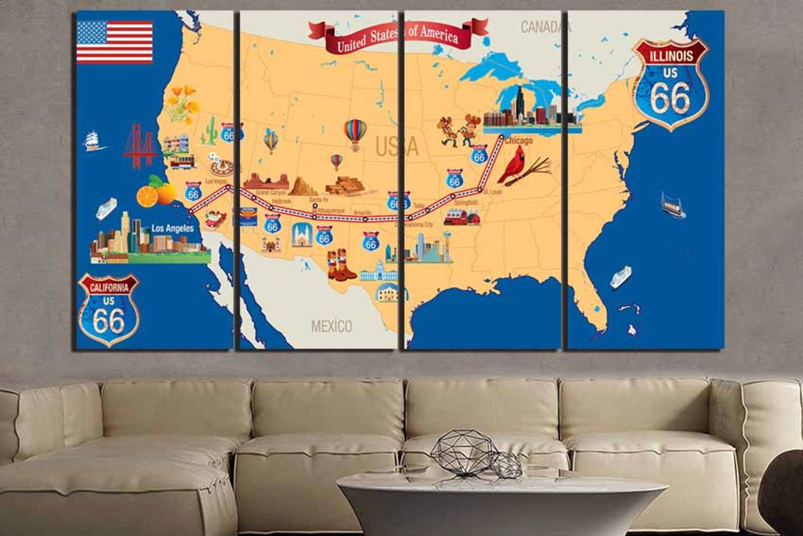 Route 66 Map Route 66 Wall Map Canvas Print Map Wall Art - Etsy