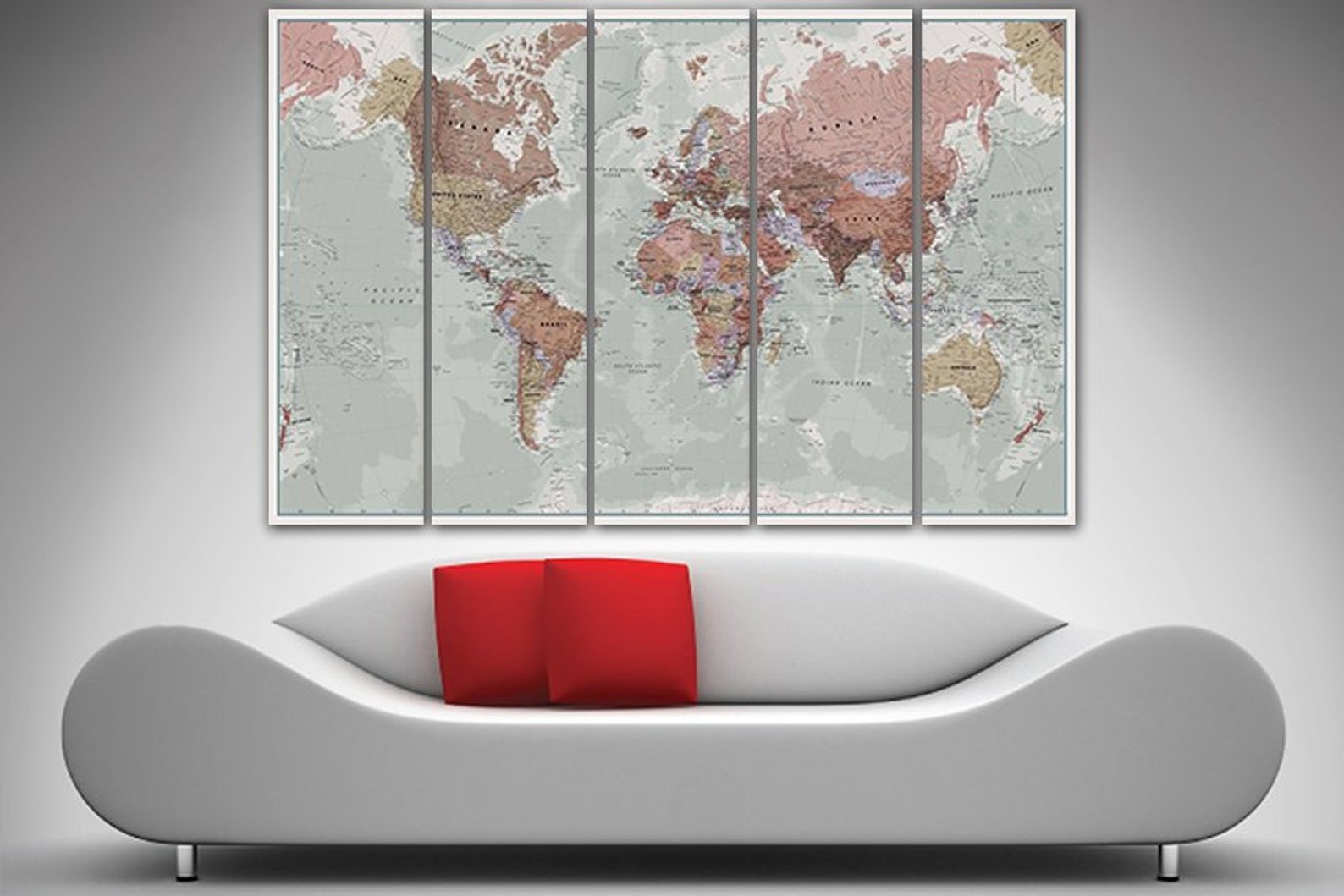 Geographical Map Print on Canvas Detailed World Map Political - Etsy