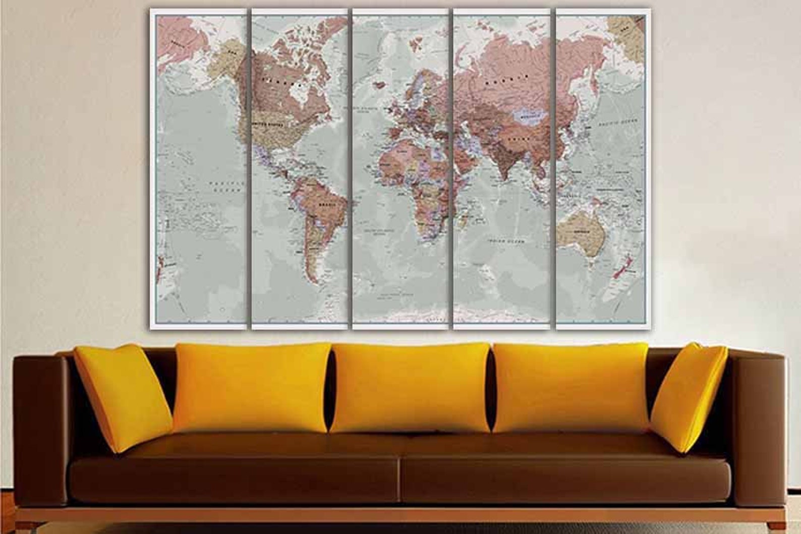 Geographical Map Print on Canvas Detailed World Map Political - Etsy