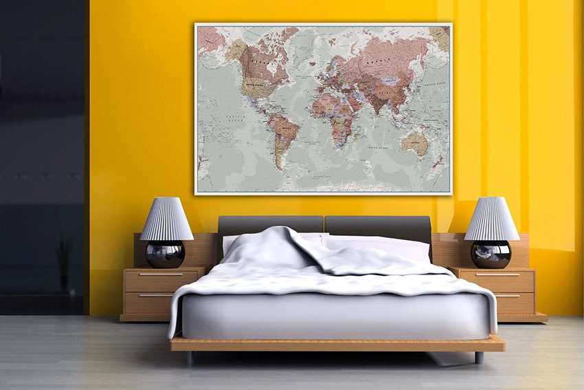 Geographical Map Print on Canvas Detailed World Map Political - Etsy
