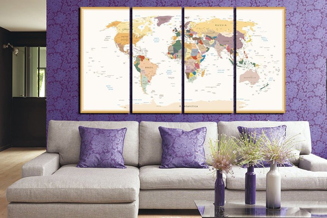 Geographical Map Print on Canvas Detailed World Map Political Map Décor ...
