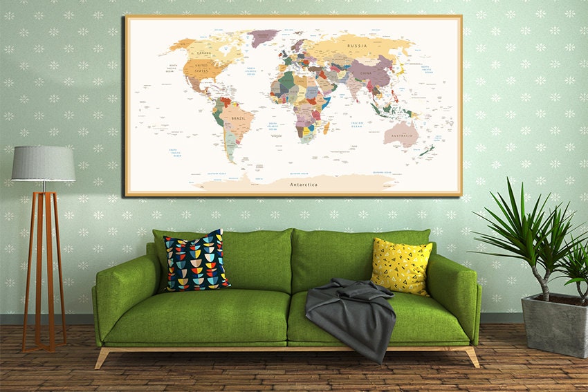 Geographical Map Print on Canvas Detailed World Map Political - Etsy