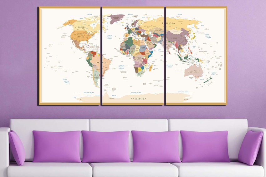 Geographical Map Print on Canvas Detailed World Map Political - Etsy