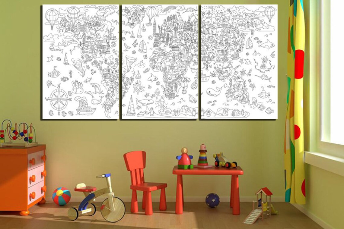 World Map Canvas Kids Map Wall Art Animal World Map Kids Room | Etsy