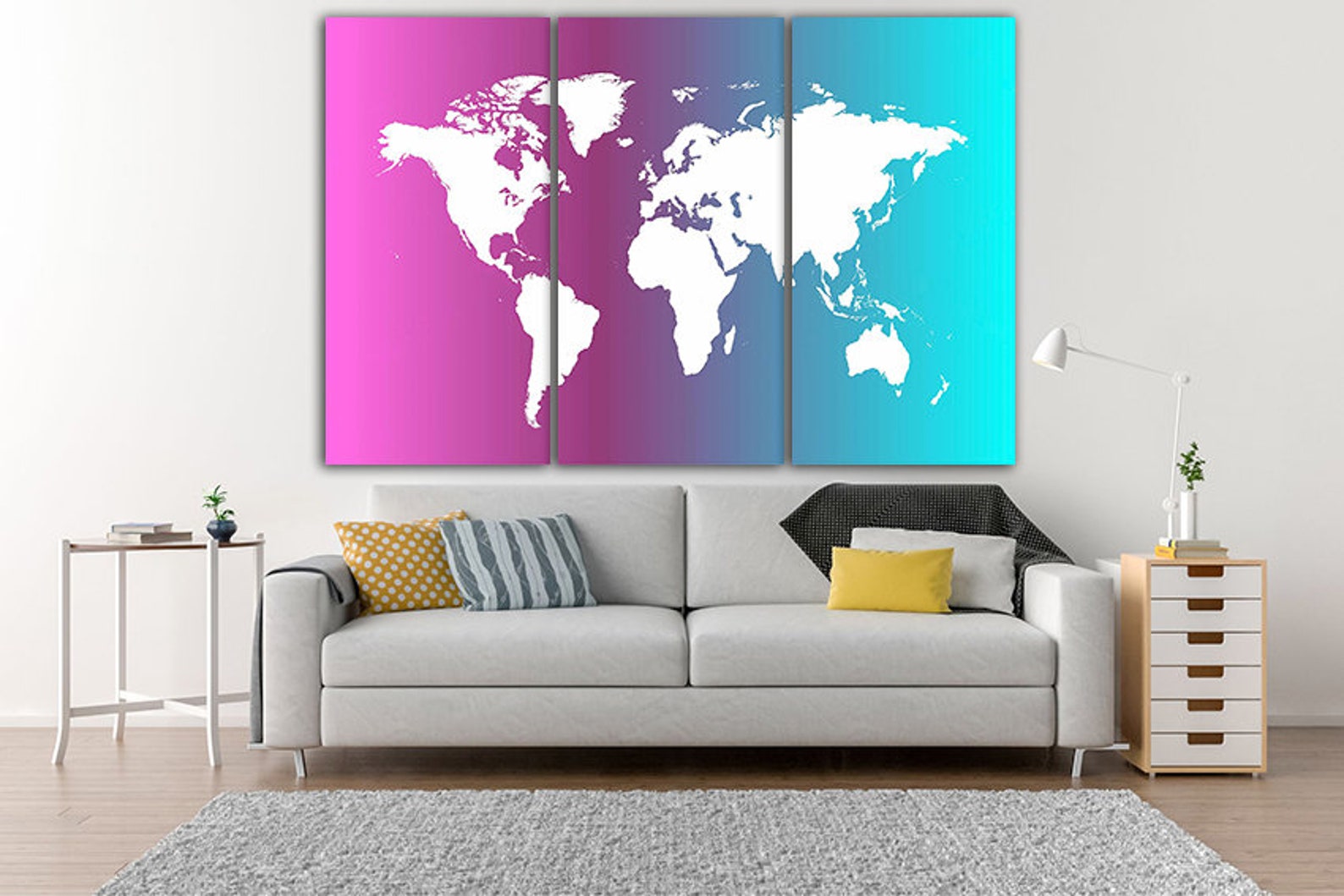 Mapas de lienzo Mapa de neón Mapa del mundo Arte del mapa del | Etsy España