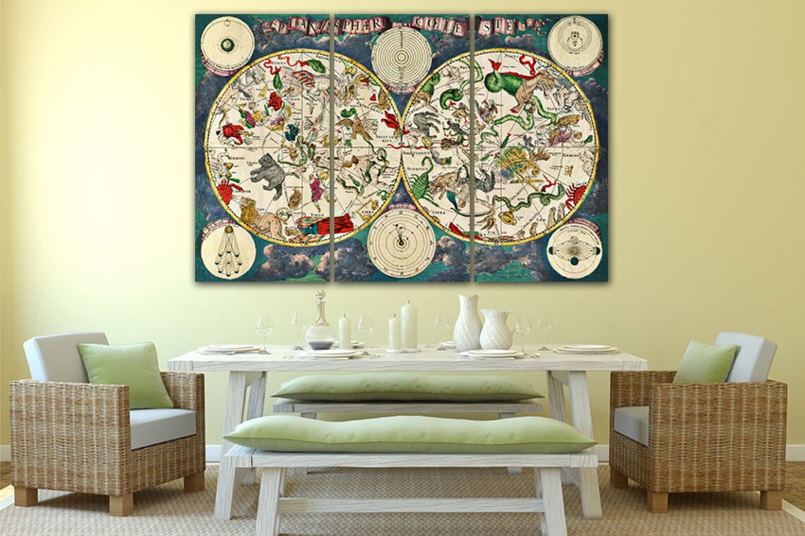 Constellation map World map canvas Vintage map Push pin world | Etsy