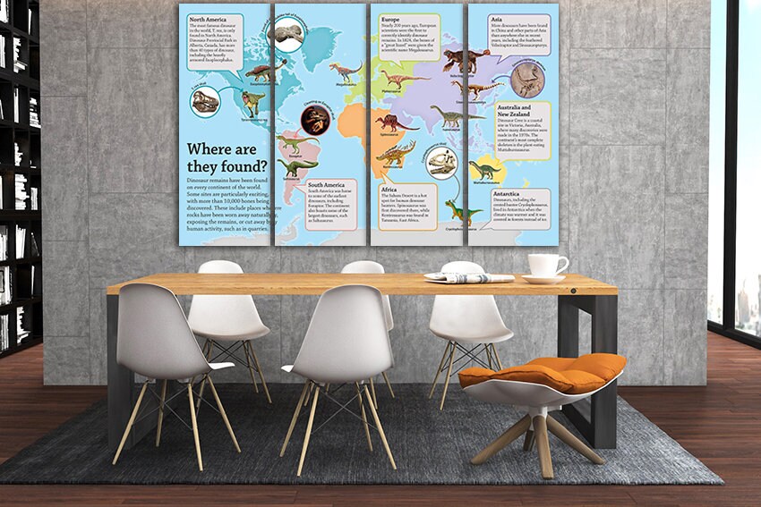Dinosaur Map Kids Map Canvas Dinosaur Wall Art T-rex World Map - Etsy