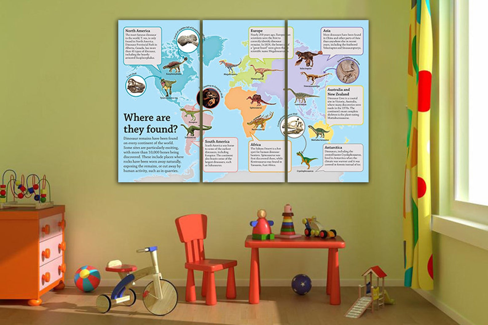 Dinosaur Map Kids Map Canvas Dinosaur Wall Art T-rex World Map - Etsy