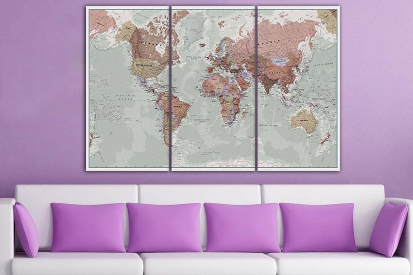 Geographical Map Print on Canvas Detailed World Map Political - Etsy
