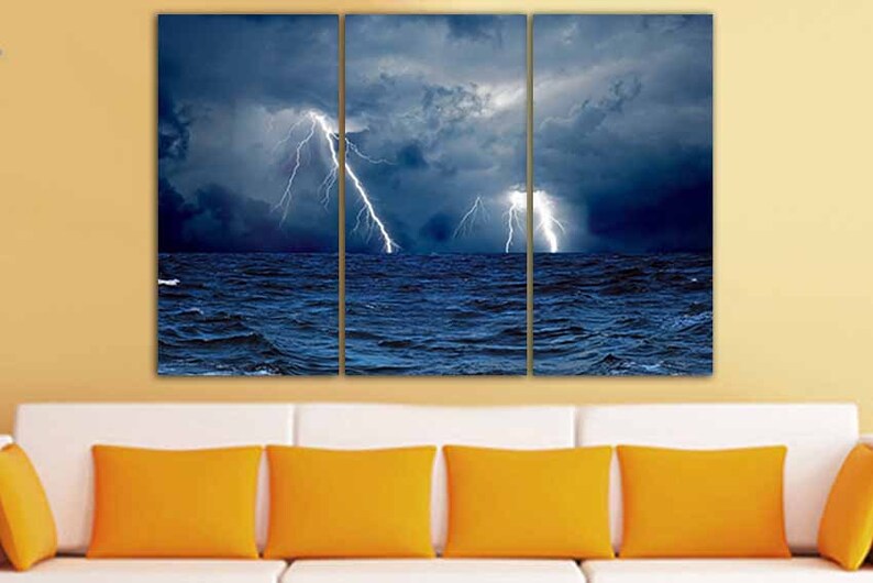 Panel art Lightning bolts Storm lightning Ocean canvas | Etsy
