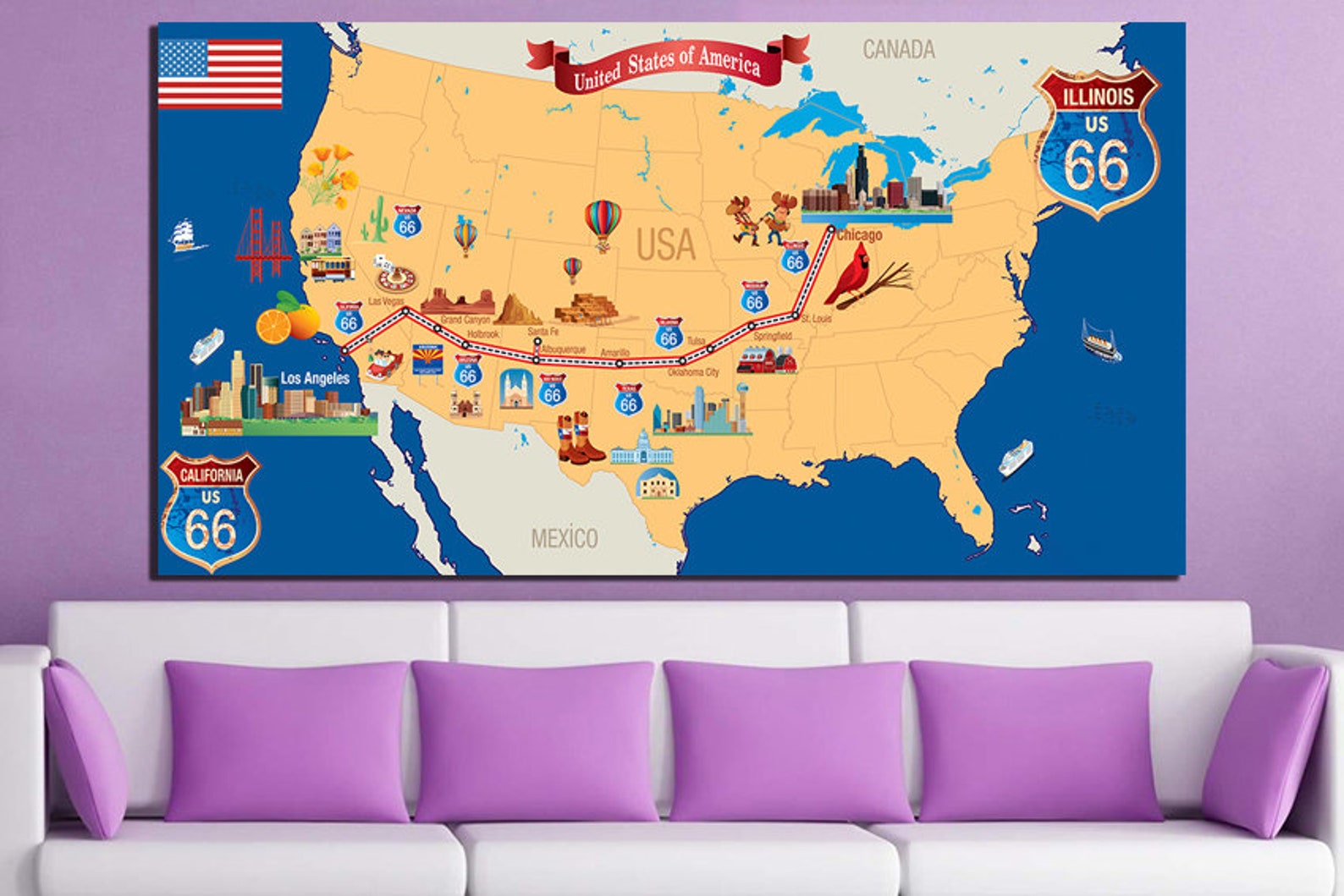 Route 66 Map Route 66 Wall Map Canvas Print Map Wall Art - Etsy