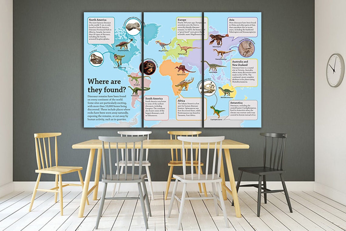 Dinosaur Map Kids Map Canvas Dinosaur Wall Art T-rex World Map - Etsy