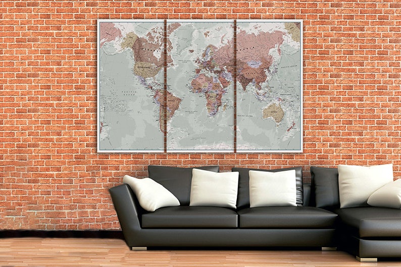 Geographical Map Print on Canvas Detailed World Map Political - Etsy