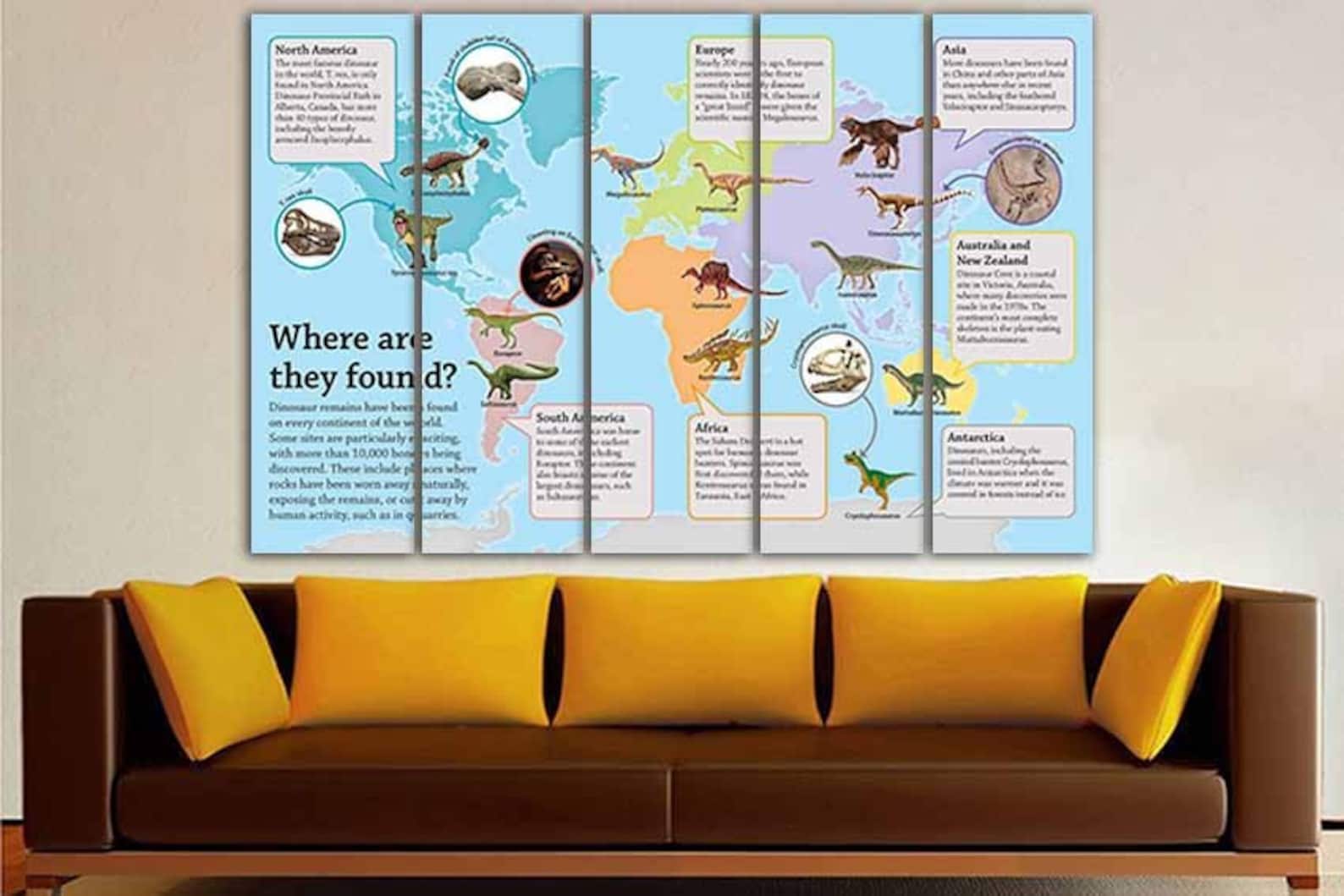 Dinosaur Map Kids Map Canvas Dinosaur Wall Art T-rex World Map - Etsy