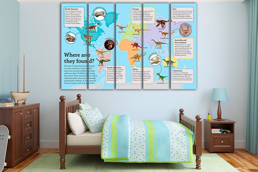 Dinosaur Map Kids Map Canvas Dinosaur Wall Art T-rex World Map - Etsy