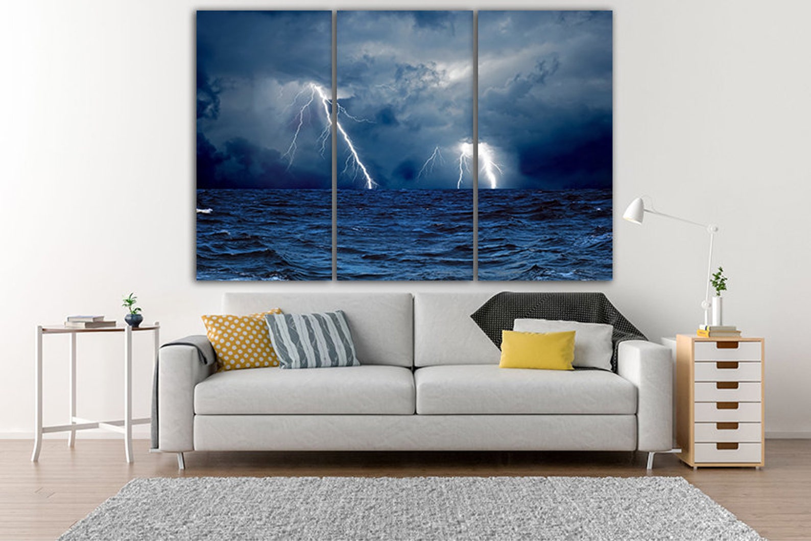 Panel art Lightning bolts Storm lightning Ocean canvas | Etsy
