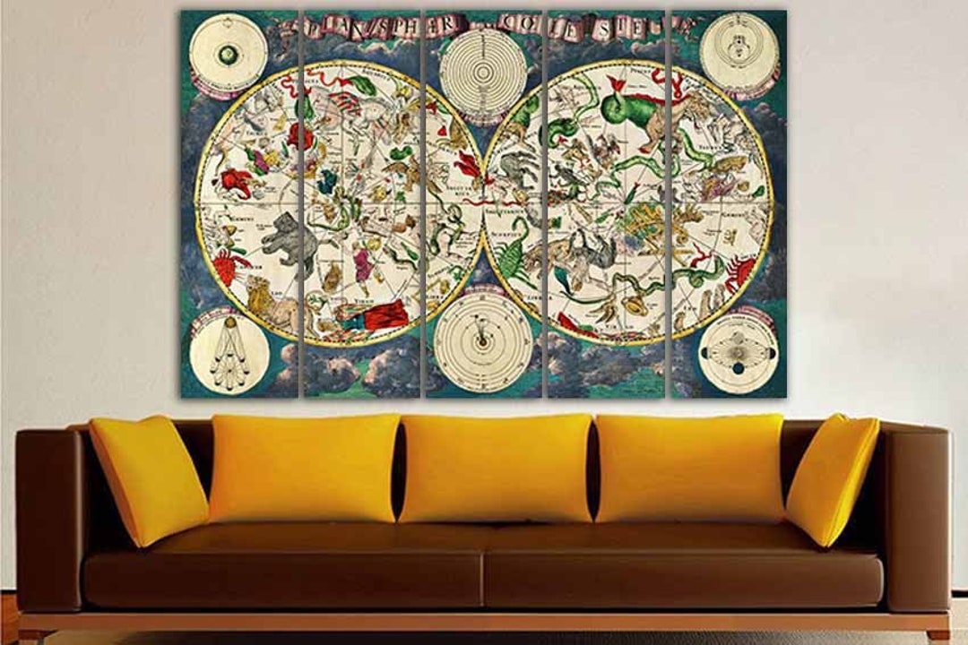 Constellation Map World Map Canvas Vintage Map Push Pin World Map ...