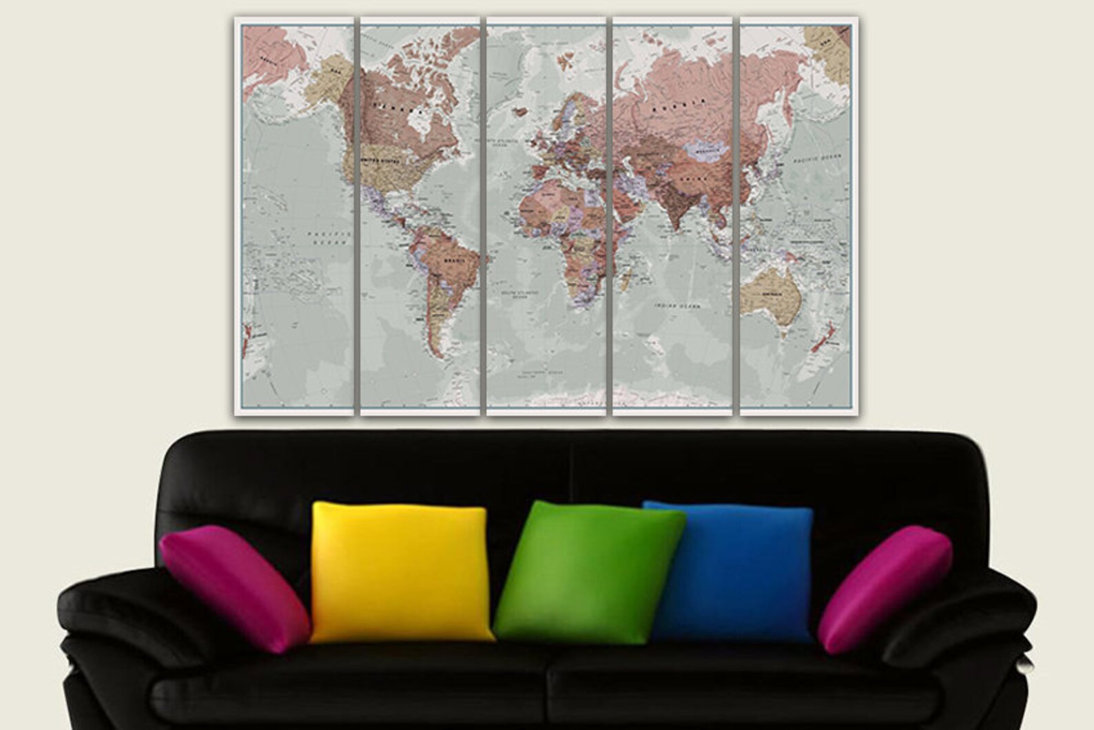 Geographical Map Print on Canvas Detailed World Map Political - Etsy