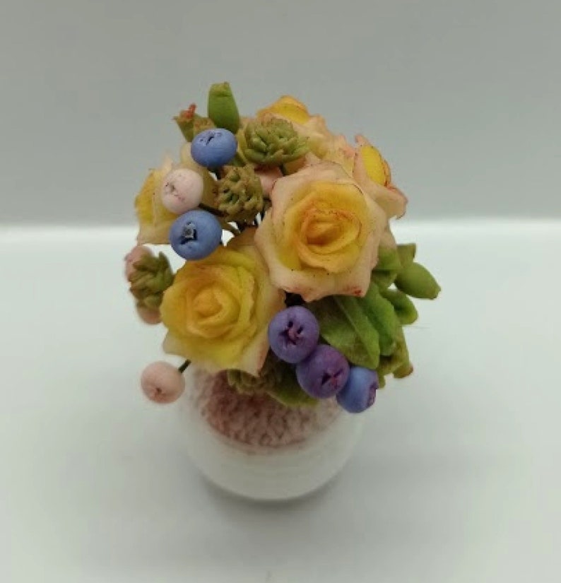 Miniature Roses Bouquet in Ceramic Vase. Doll House Plant. Tiny Flowers ...
