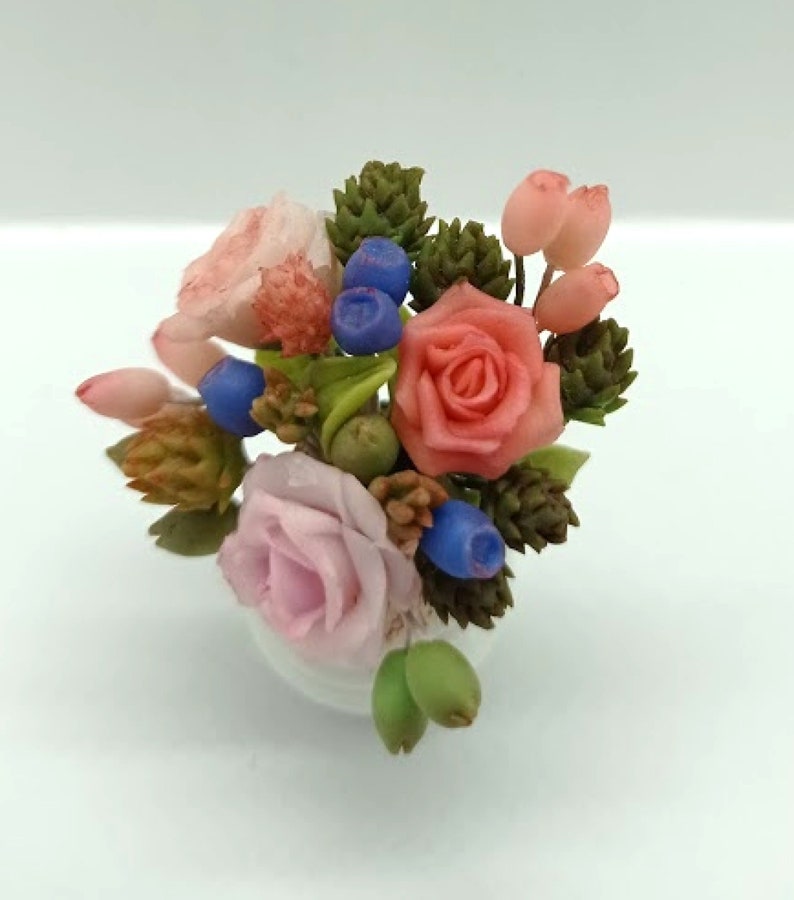 Miniature Roses Bouquet in Ceramic Vase. Doll House Plant. Tiny Flowers ...