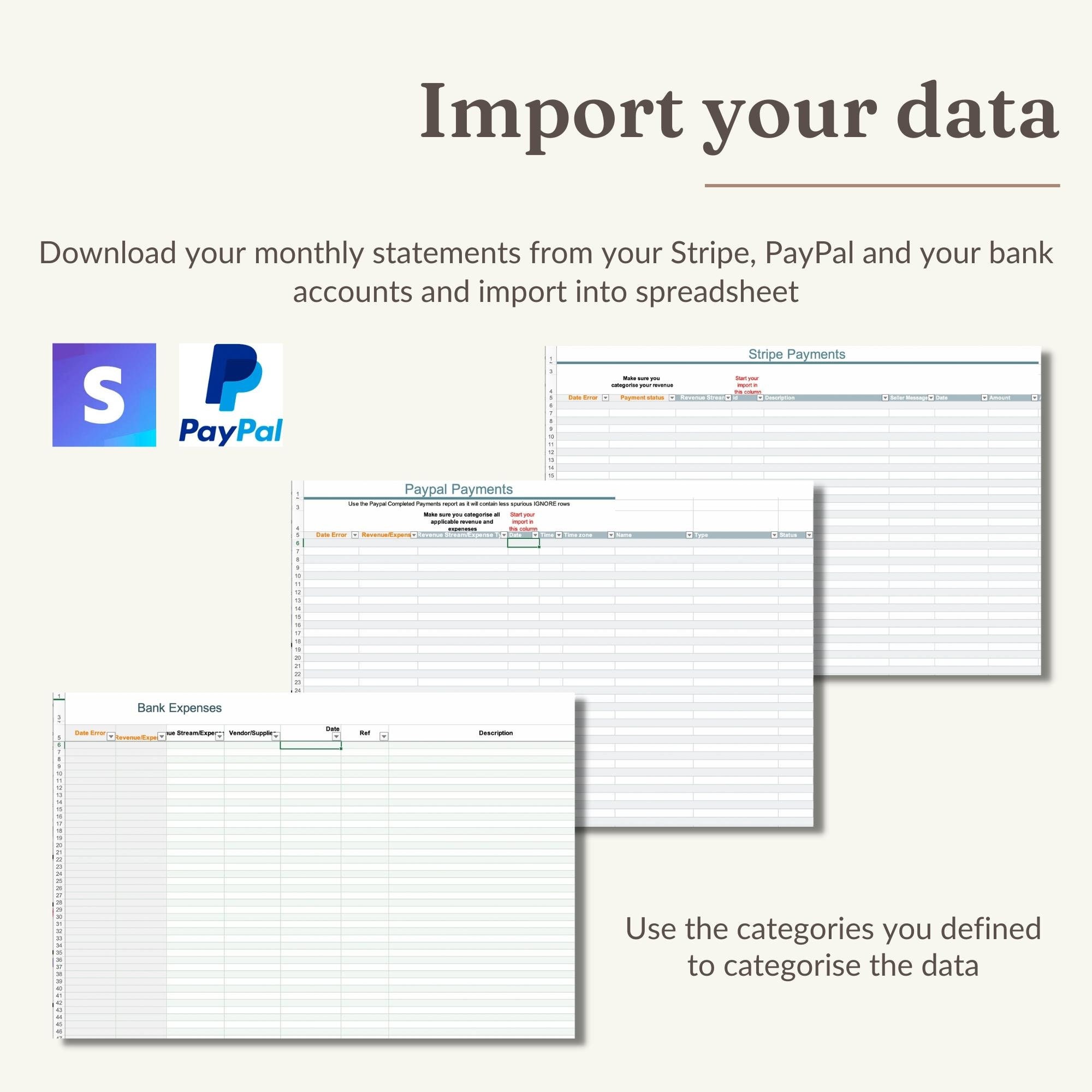 Bookkeeping Spreadsheet With Stripe and Paypal Import. Profit and Loss ...