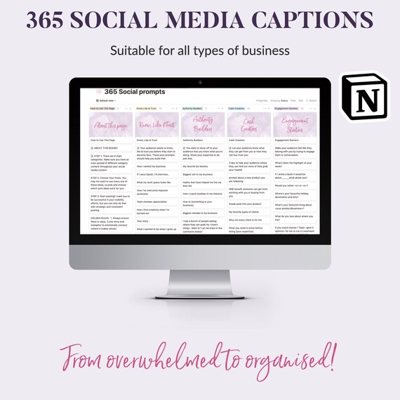 Notion Template 365 Social Media Caption & Story Prompts. A | Etsy