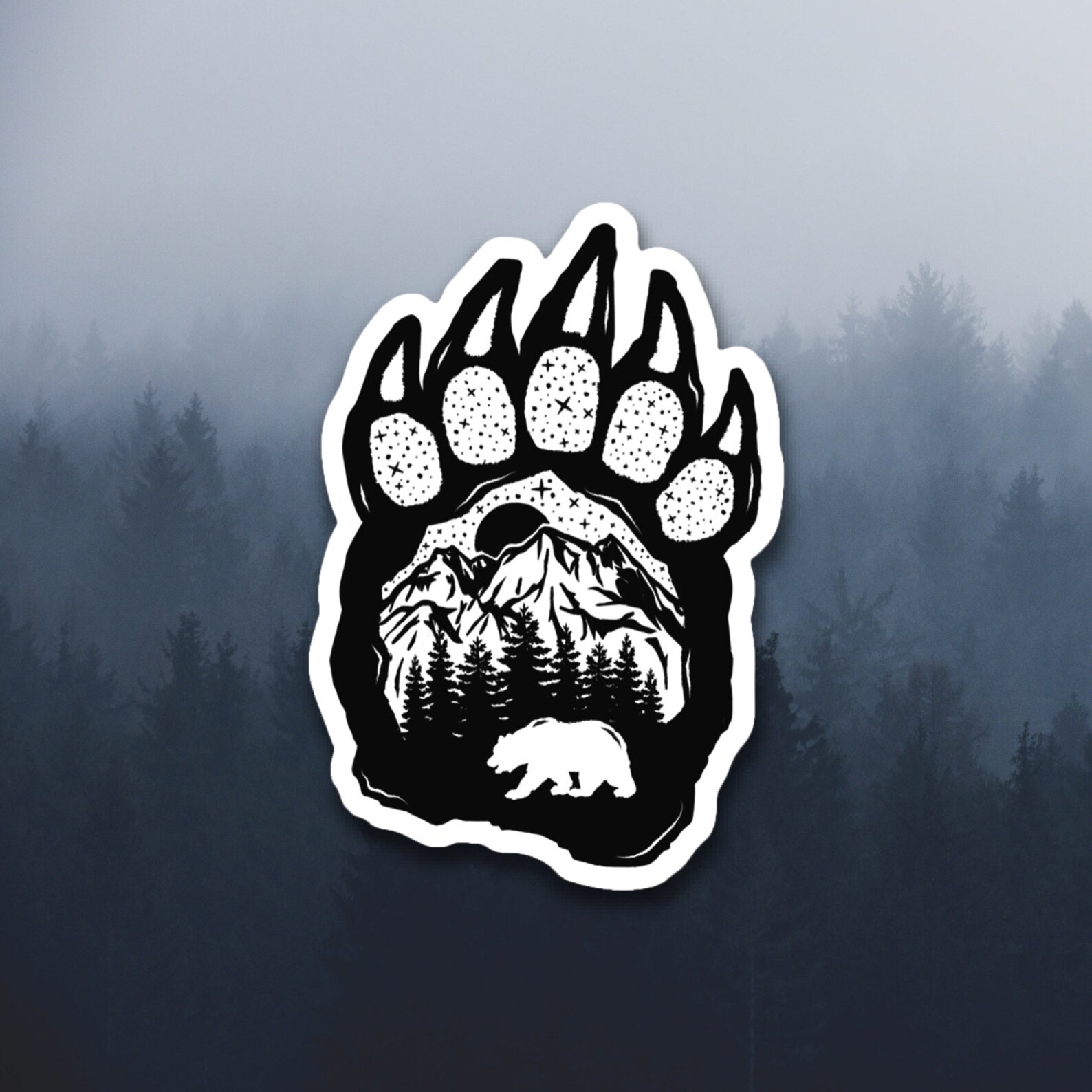 Bear Paw Vinyl Sticker Mountains Stars Moon Nature Scene | Etsy