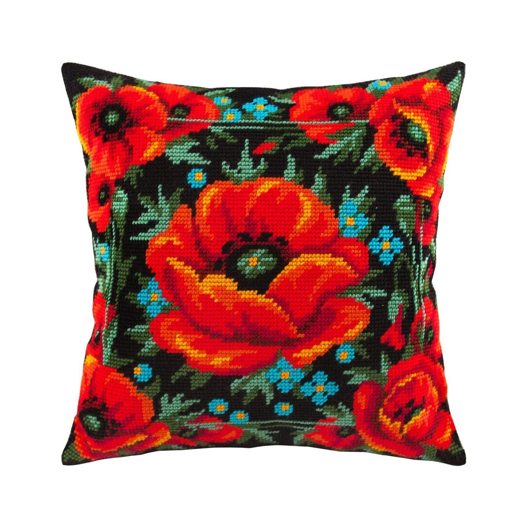 DIY Needlepoint Pillow Kit meadow of Poppies, Tapestry Cushion Kit ...