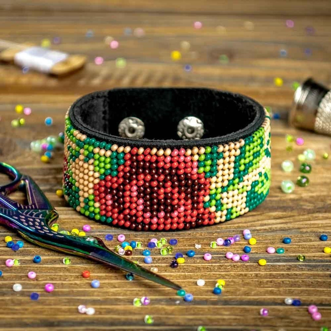 DIY Beaded Bracelet Kit DIY | Bead Embroidery Kit | Bracelet on Leather ...