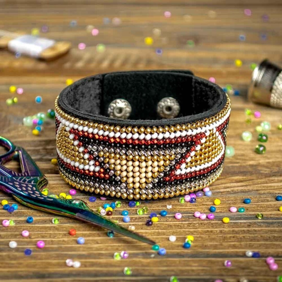 DIY Beaded Bracelet Kit DIY | Bead Embroidery Kit | Bracelet on Leather ...