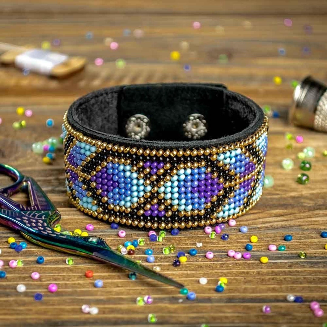 DIY Beaded Bracelet Kit DIY | Bead Embroidery Kit | Bracelet on Leather ...