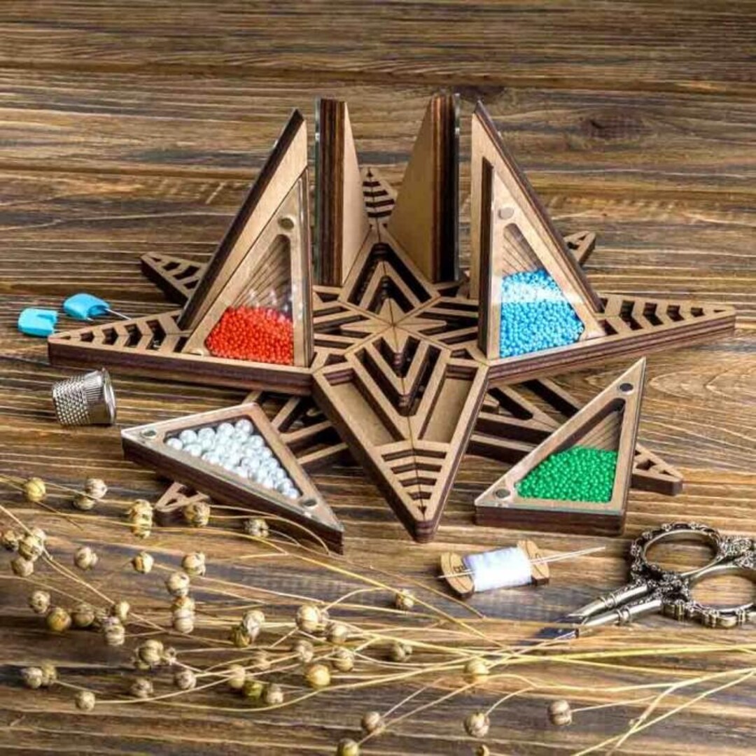 Set of Mini Seed Bead Containers With a Stand "star", Wood Bead ...