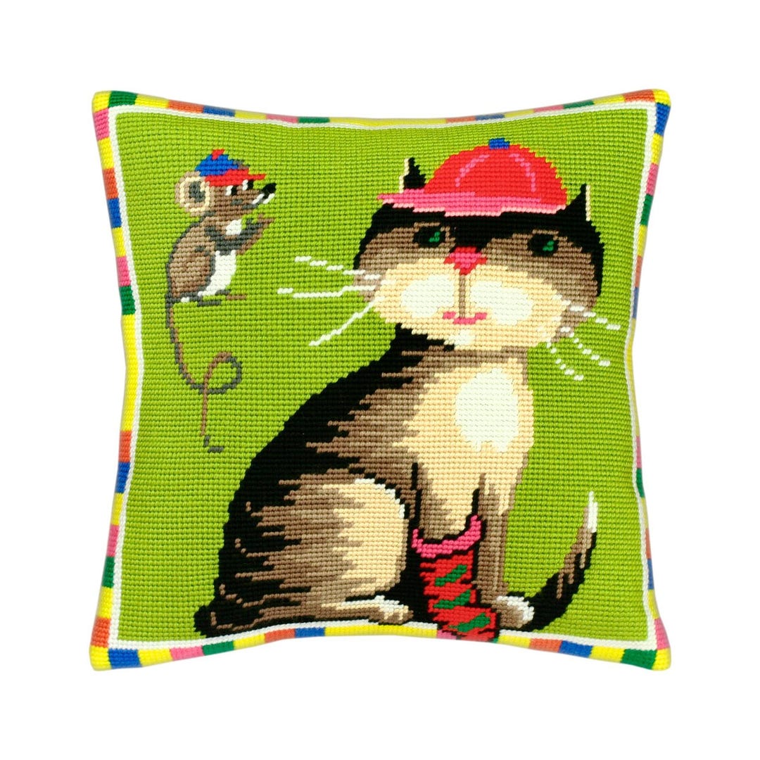 DIY Needlepoint Pillow Kit "a Cat and a Mouse", Tapestry Cushion Kit ...
