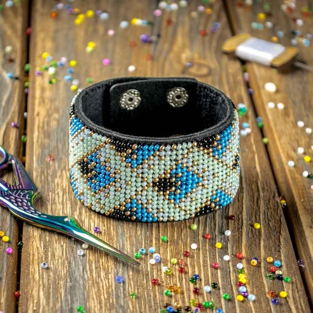DIY Beaded Bracelet Kit DIY | Bead Embroidery Kit | Bracelet on Leather ...