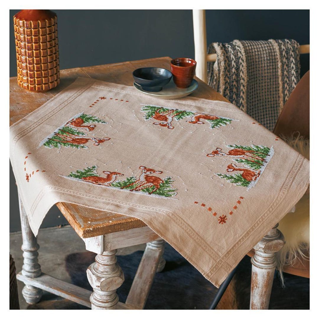 DIY Printed Tablecloth Kit "deer", Printed Cross Stitch Kit, Embroidery ...