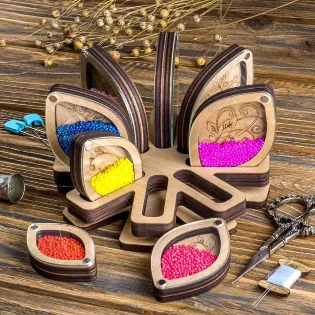 Set of Mini Seed Bead Containers With a Stand "lotus", Wood Bead ...