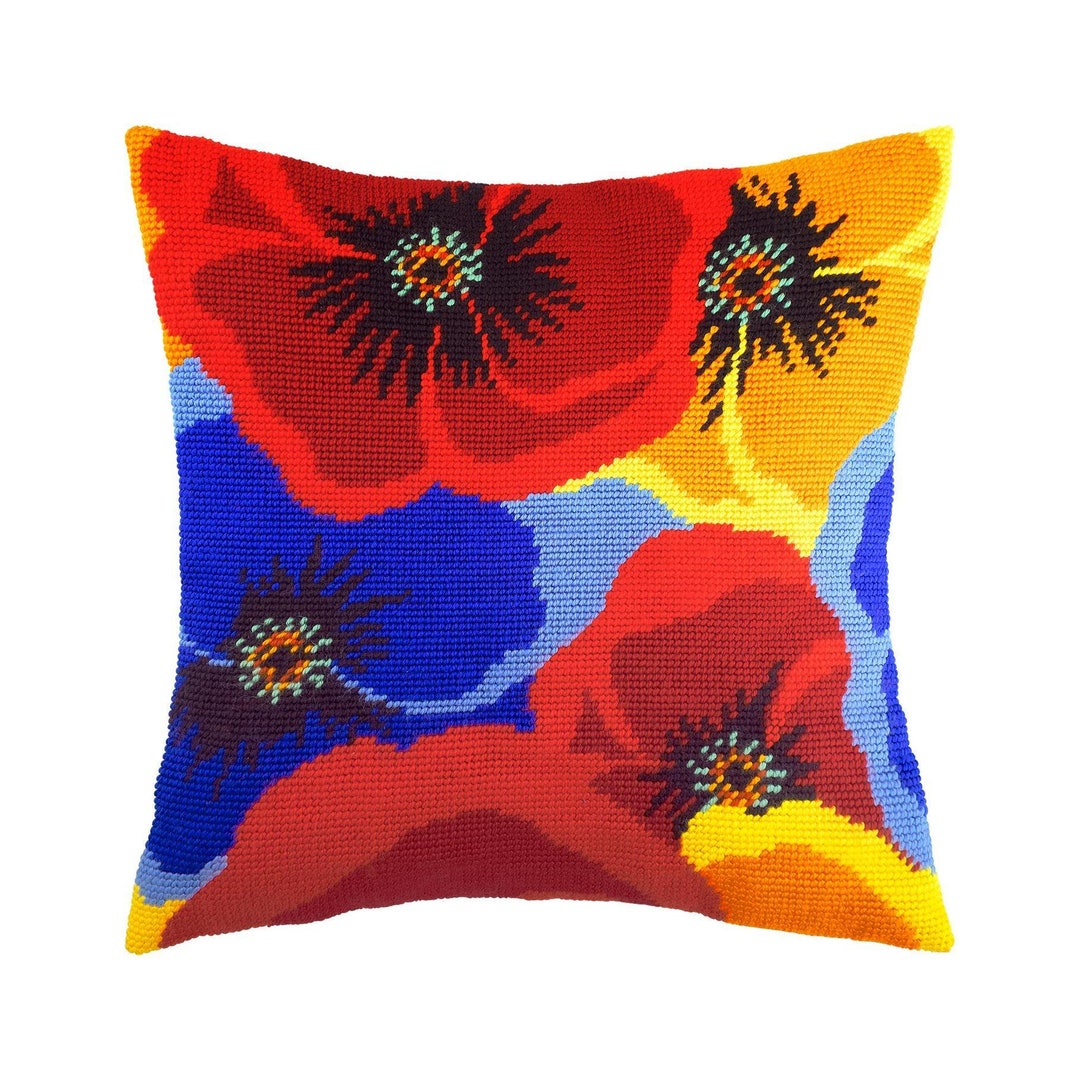 DIY Needlepoint Pillow Kit colours of Poppies, Tapestry Cushion Kit ...