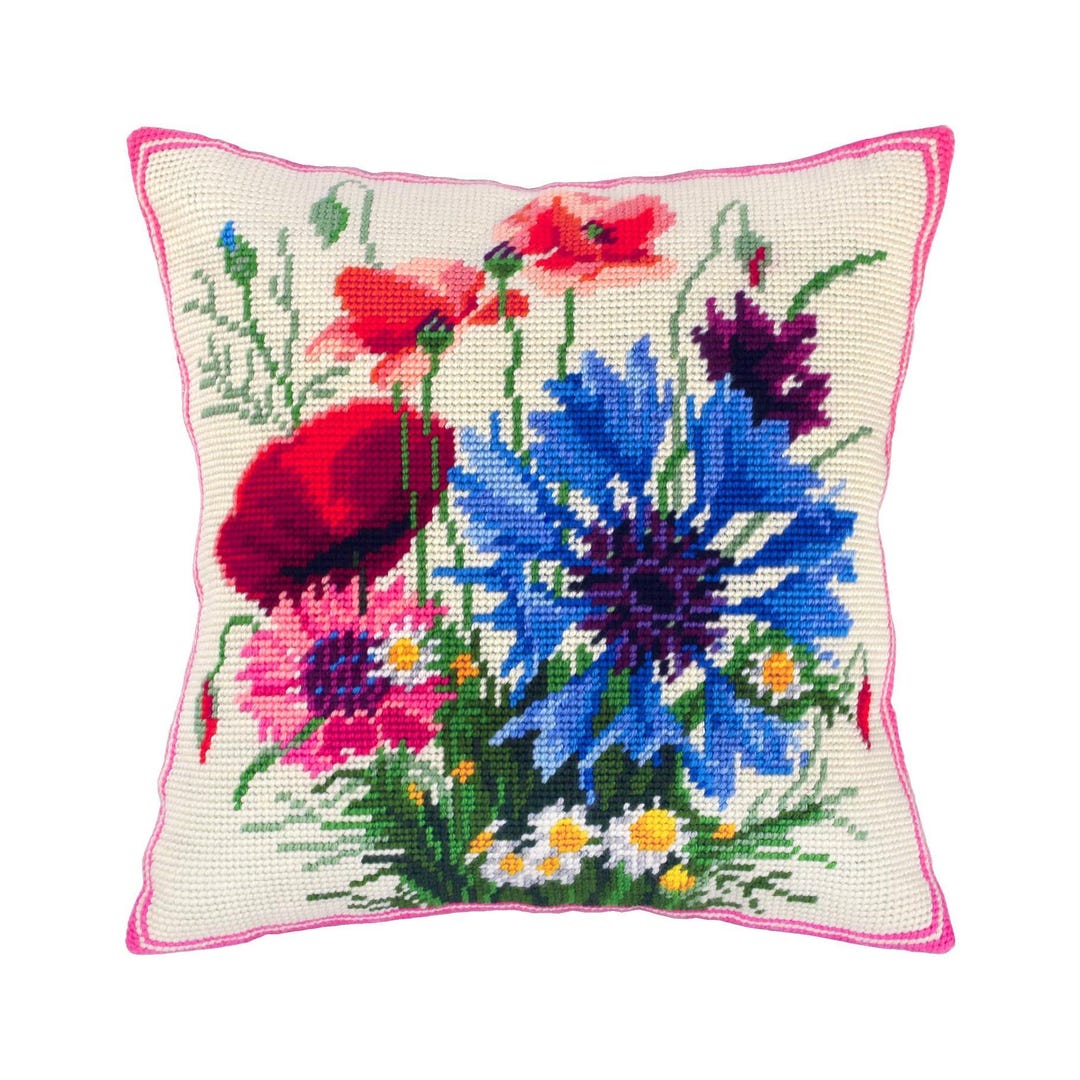 DIY Needlepoint Pillow Kit poppies and Cornflowers, Tapestry Cushion ...