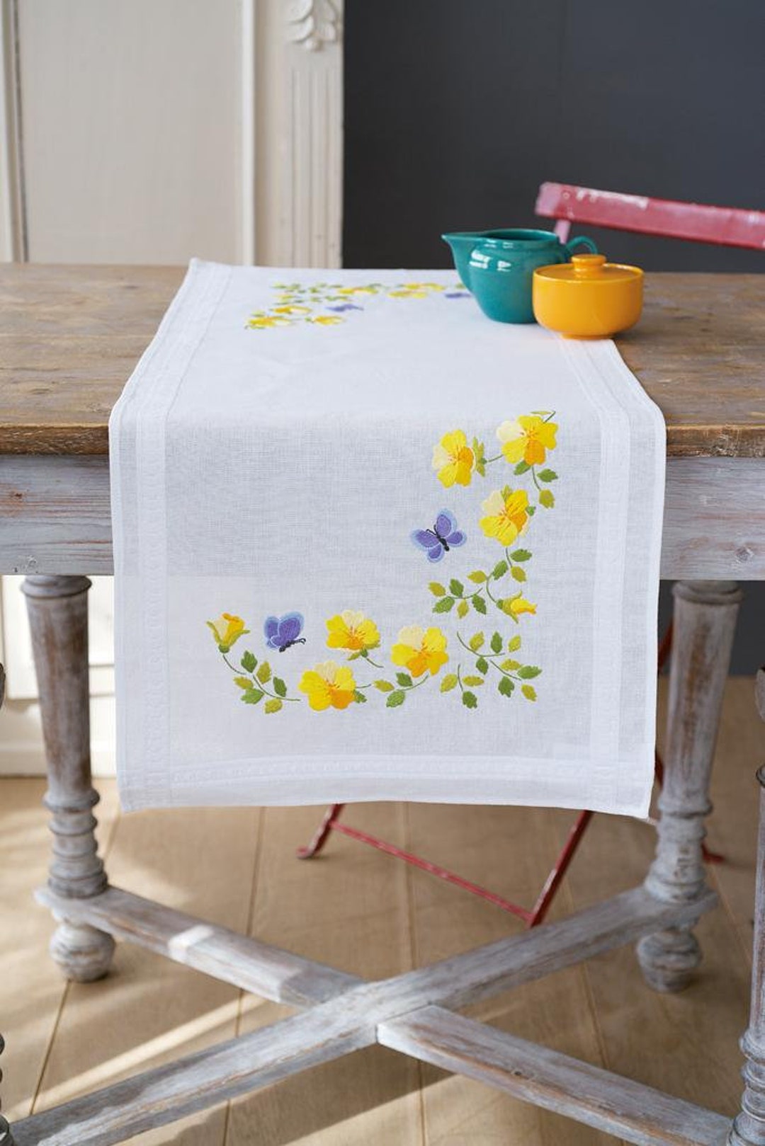 DIY Printed Table Runner Kit spring Flowers, Printed Cross Stitch Kit ...
