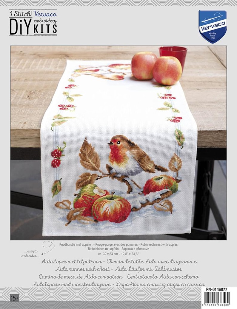DIY Aida Table Runner Kit "robin Redbreast With Apples", Counted Cross ...