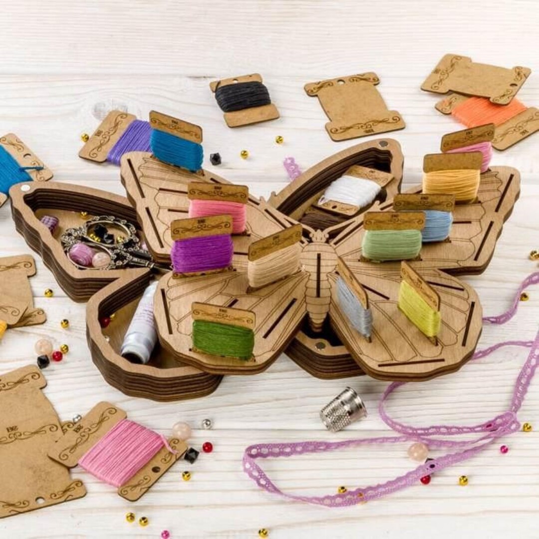 Box for Handicraft Butterfly, Wooden Organizer for Threads, Floss ...